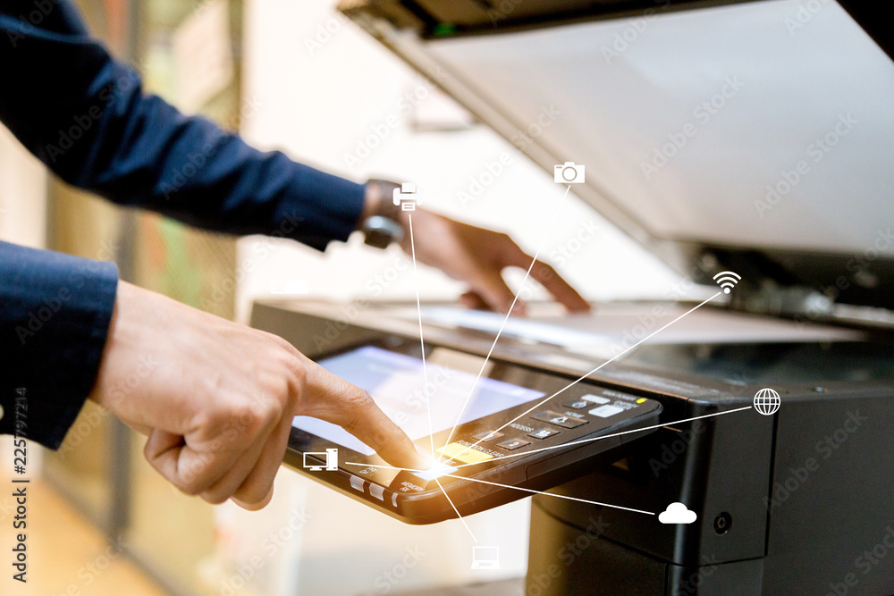Bussiness man Hand press button on panel of printer with icon ...