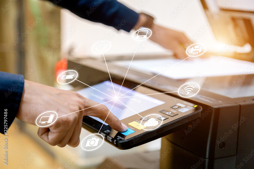 Bussiness man Hand press button on panel of printer with icon ...