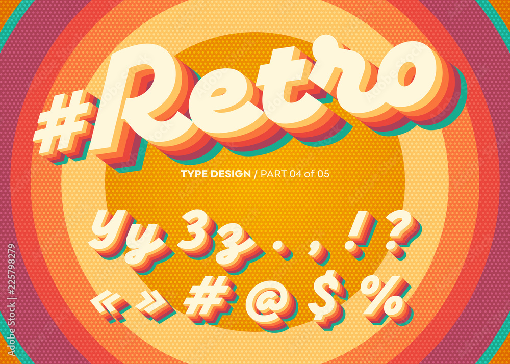 Vector Retro Alphabet Design. Vintage 3D Typeface with Colorful Rainbow ...