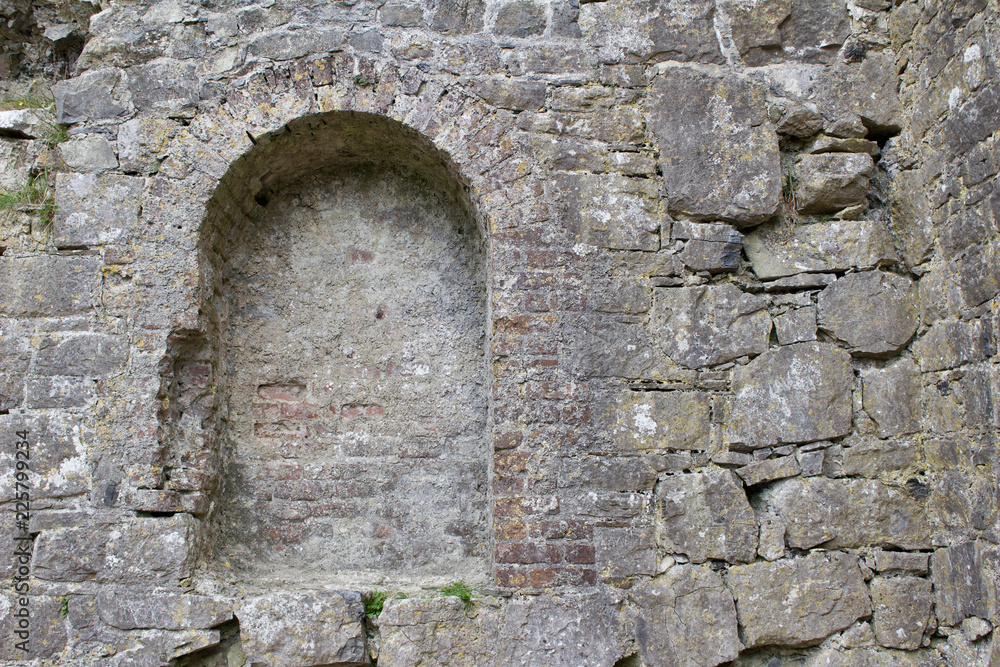 Bricked in arched window of a medieval castle ruin in County Laois ...