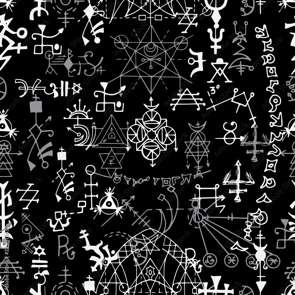 Seamless pattern with white abstract mystic symbols on black. Esoteric, occult and wicca concept ...