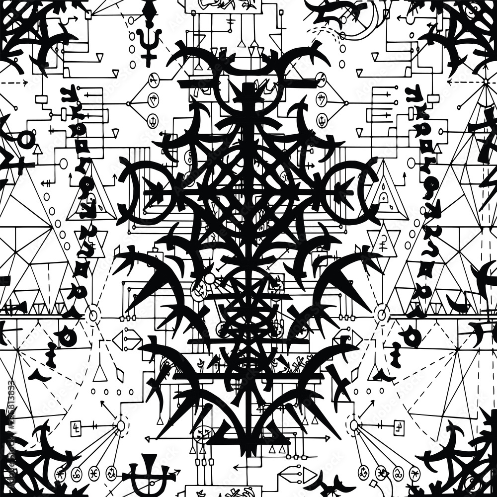 Seamless pattern with geometric gothic symbols, lines and figures on ...