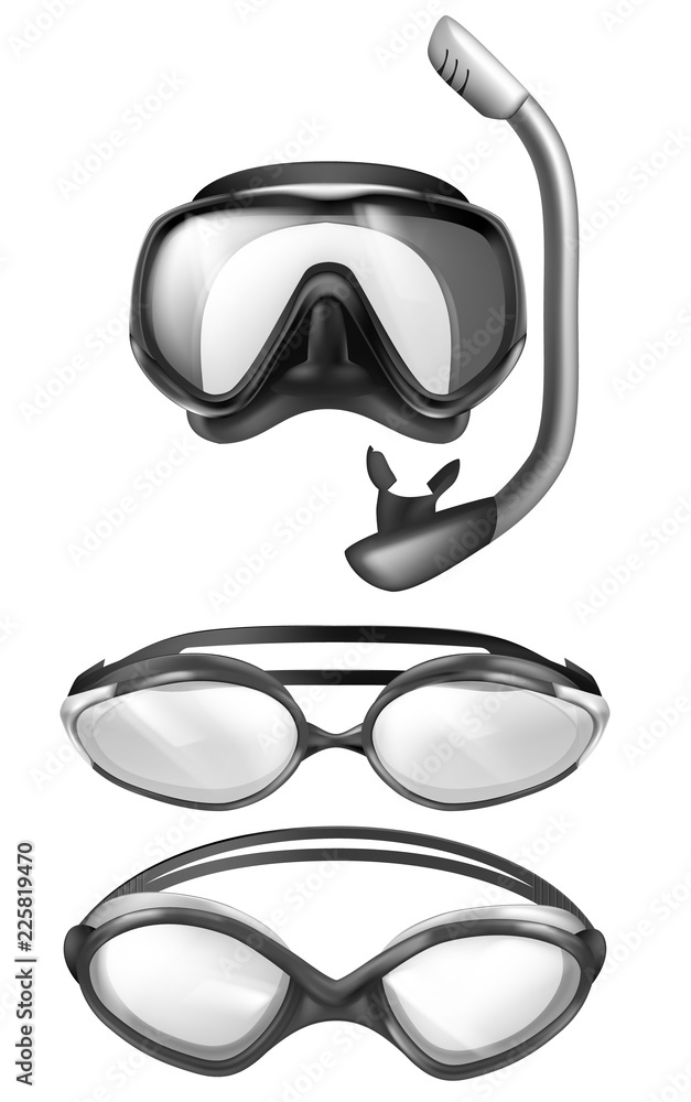 Vector set of 3d realistic mask for scuba diving and goggles for pool ...