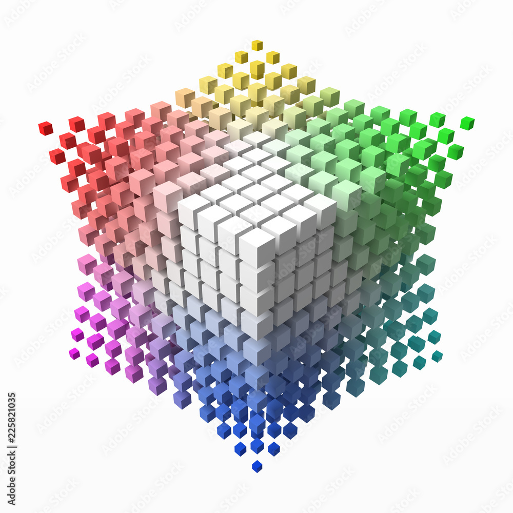 small colorful cubes builds up color theory cube. smaller cubes on ...