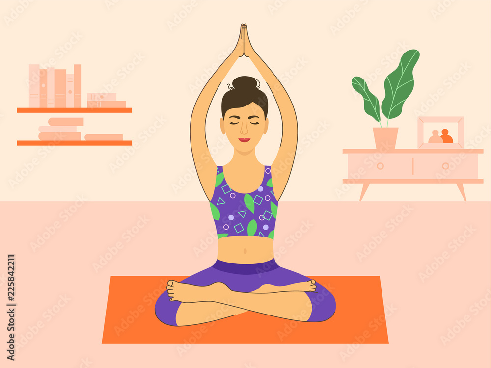 Girl sitting in a meditation pose at home with plant in a pot, a drawer ...
