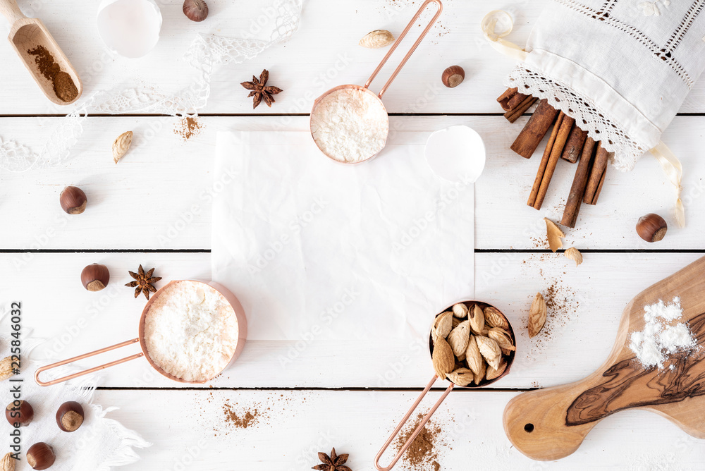 White paper bag for recipe text. Baking ingredients for pastry on the ...