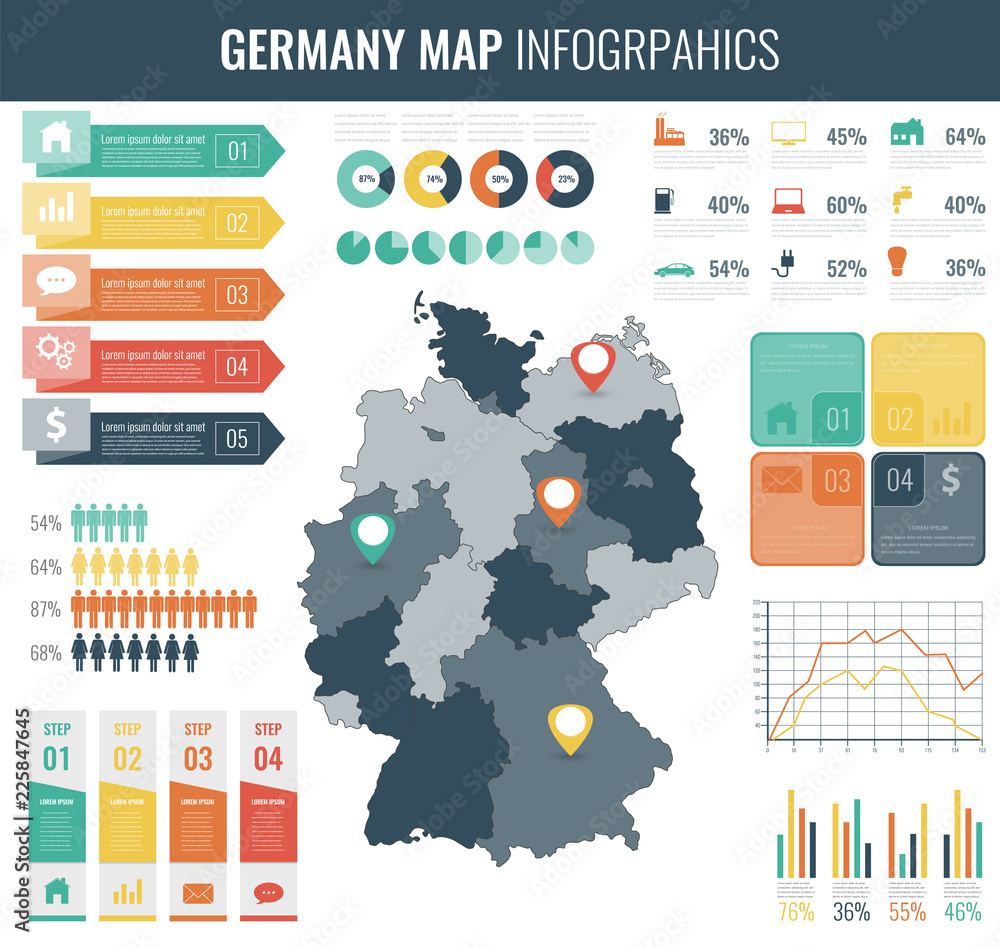 Germany map with Infographic elements. Infographics layouts. Vector ...