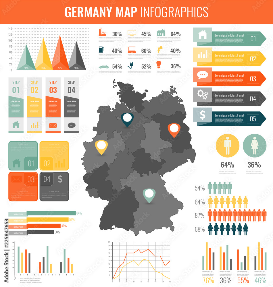 Germany map with Infographic elements. Infographics layouts. Vector ...