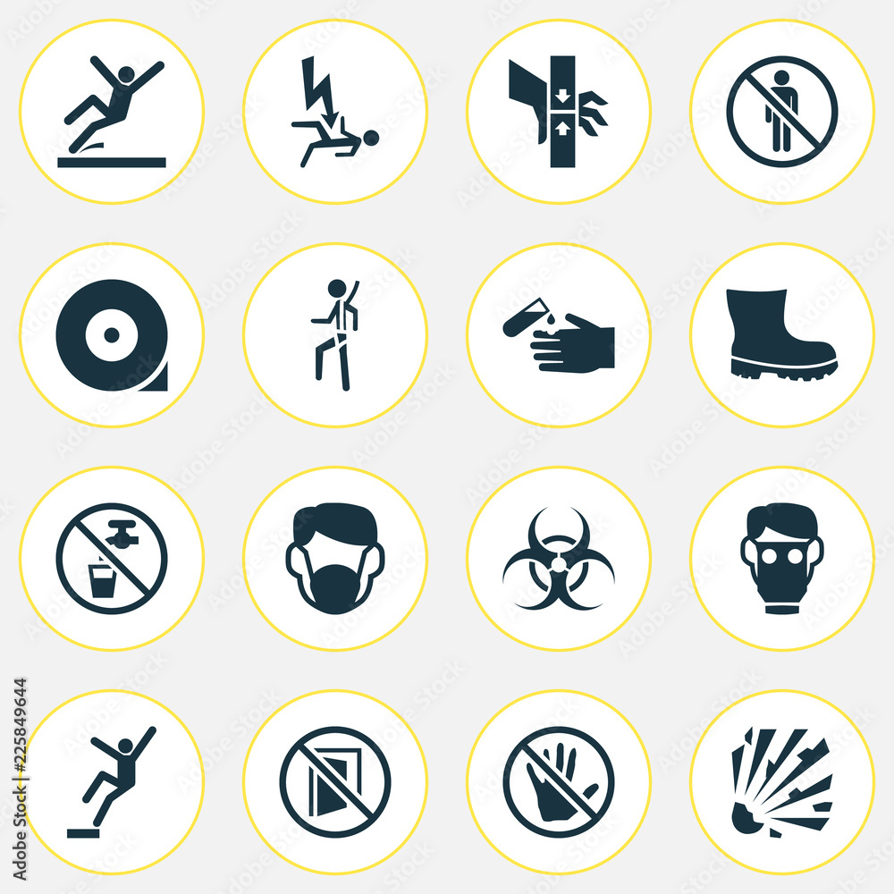 Safety icons set with explosive, electrocution hazard, stop and other ...
