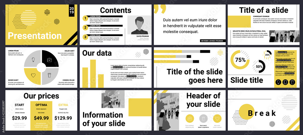 Design of a business presentation template with yellow, black and grey ...