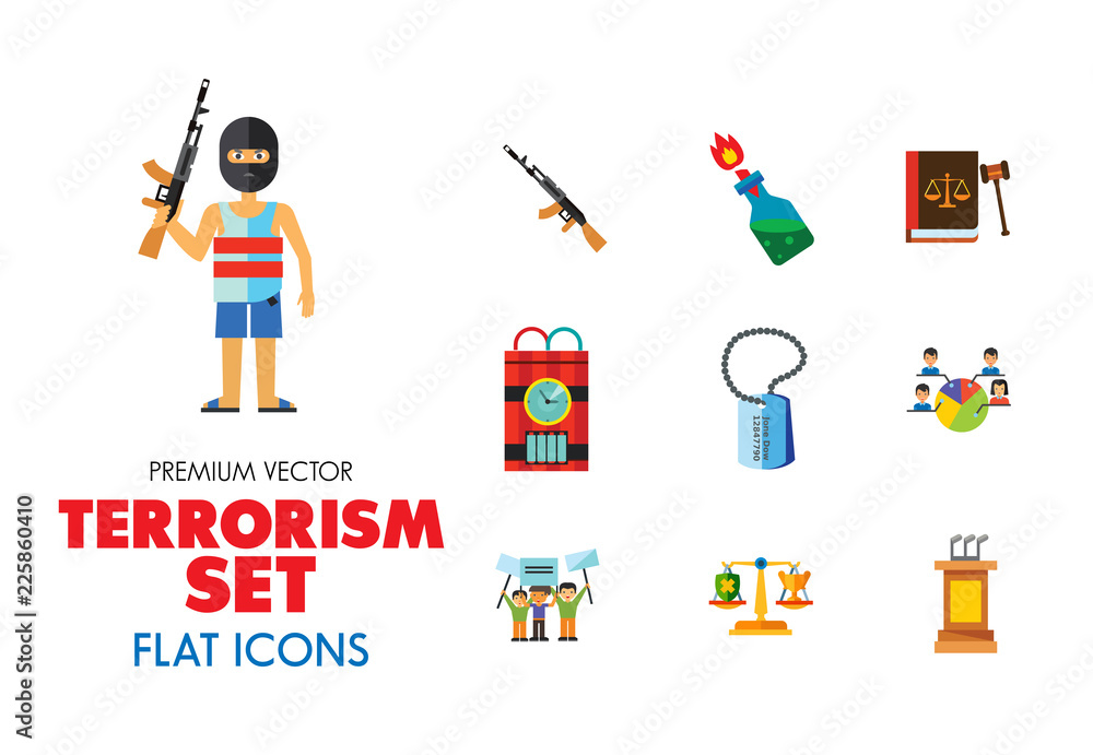 Terrorism Icon Set. Kamikaze Fire Cocktail Dynamite Army Tags Hostage ...