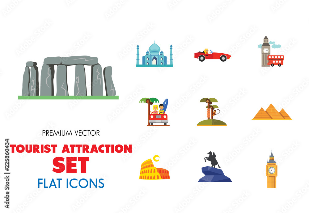 Tourist attraction icons set. Thirteen vector icons of Eiffel Tower ...