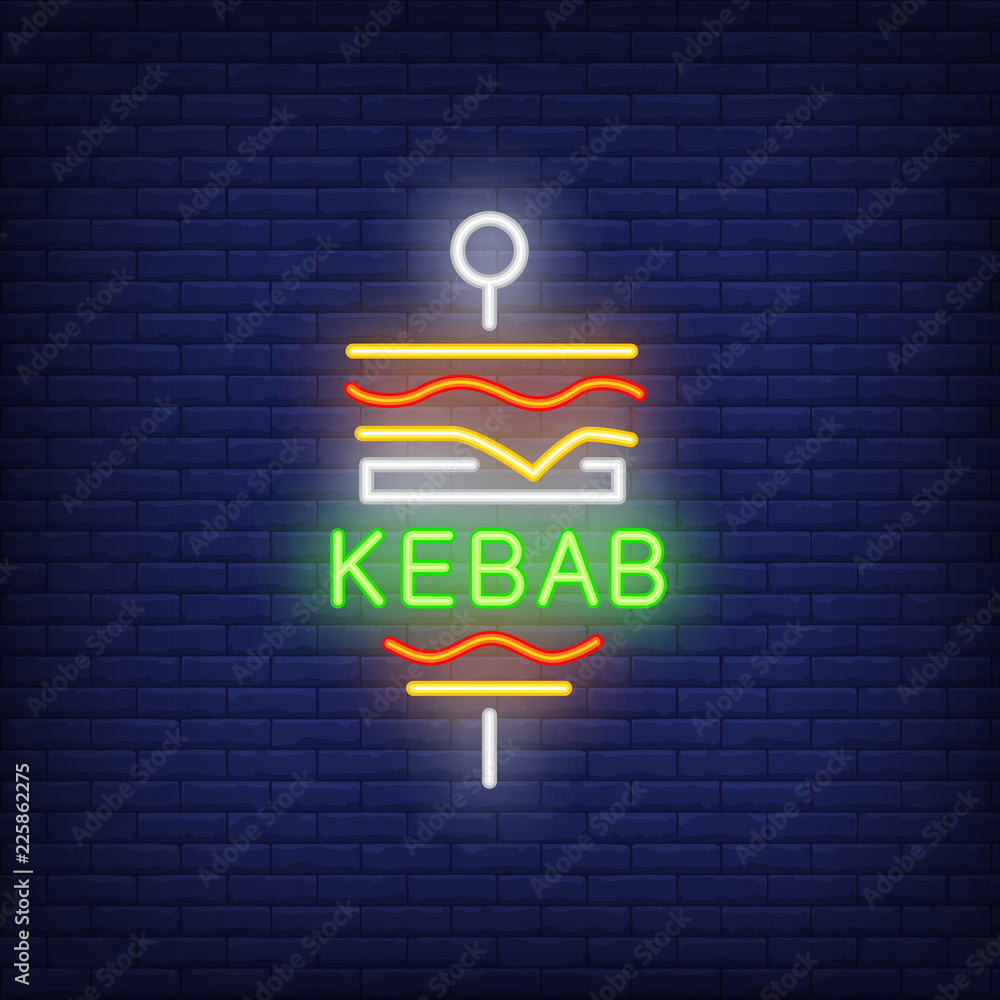 Kebab neon sign. Glowing neon sign of kebab with inscription. Food ...