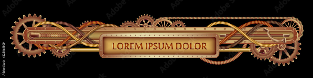 Mechanical banner decorated with brass gears, nozzles and rivets on a ...