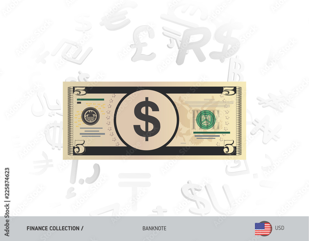 5 US Dollar Banknote. Flat style vector illustration isolated on ...
