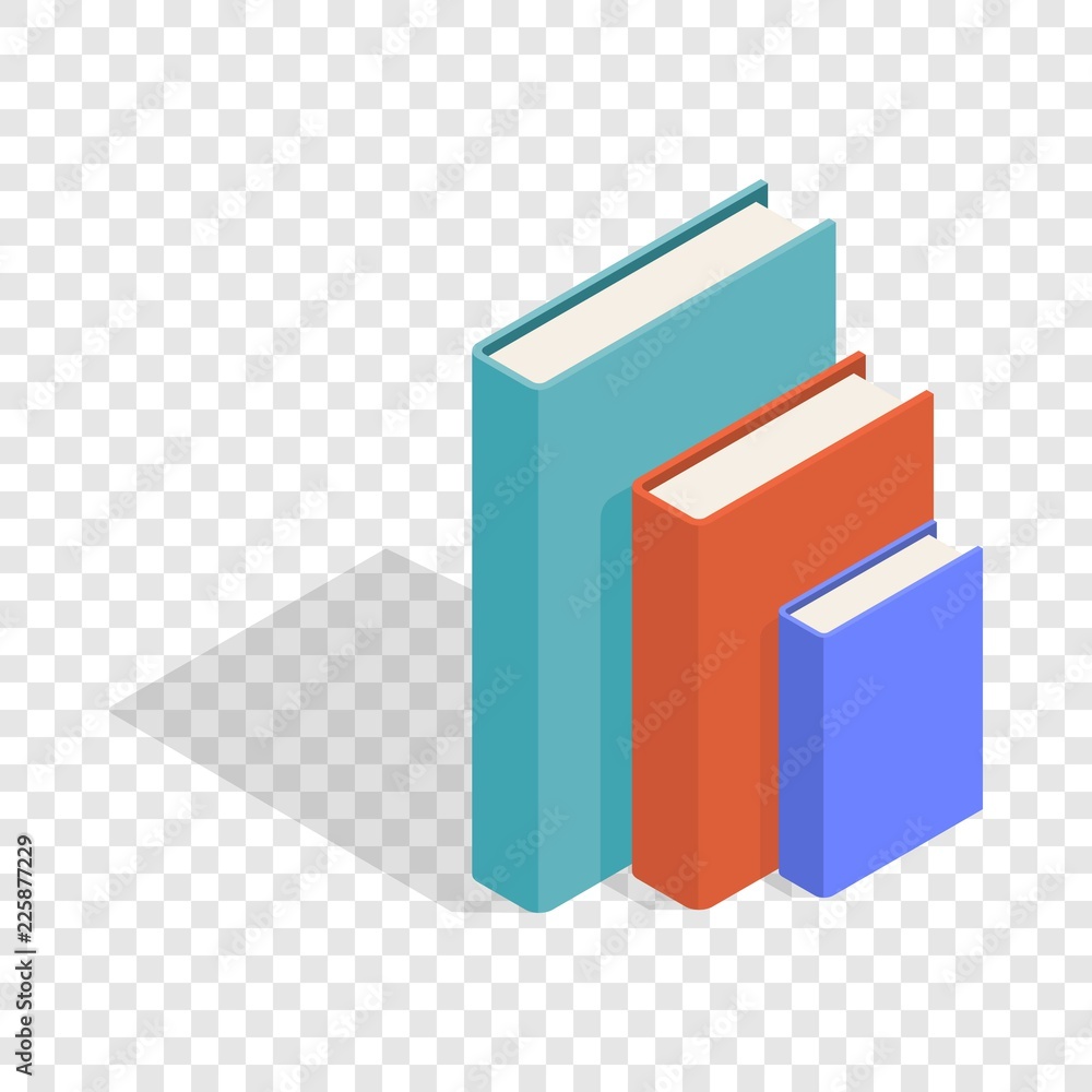 Three books standing vertically isometric icon 3d on a transparent ...