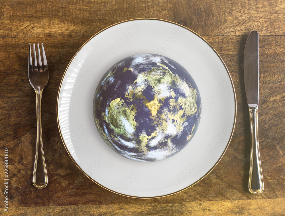 World food day concept, planet earth on plate with fork and knife on ...