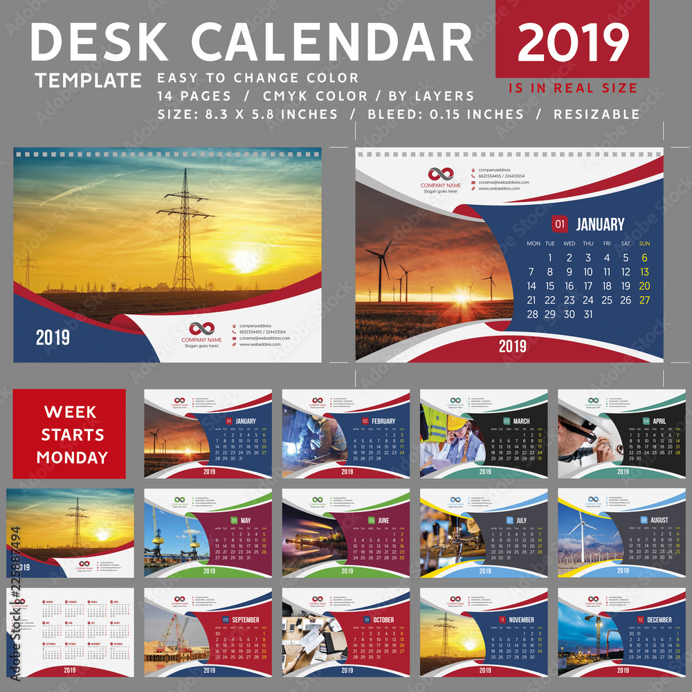 Desk calendar 2019, desktop calendar template, red calendar, Week ...