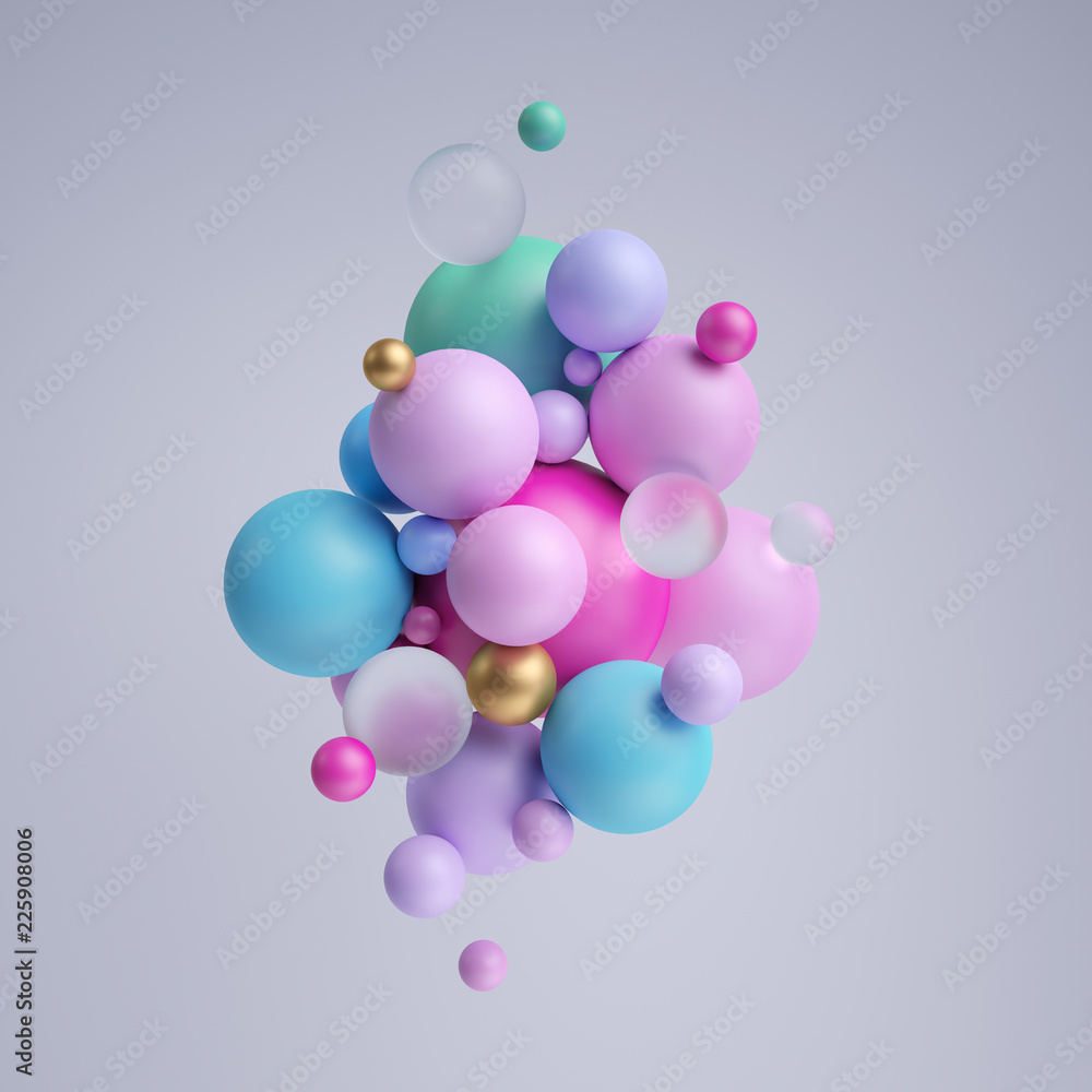 3d render, abstract pastel balls, pink blue balloons, geometric ...