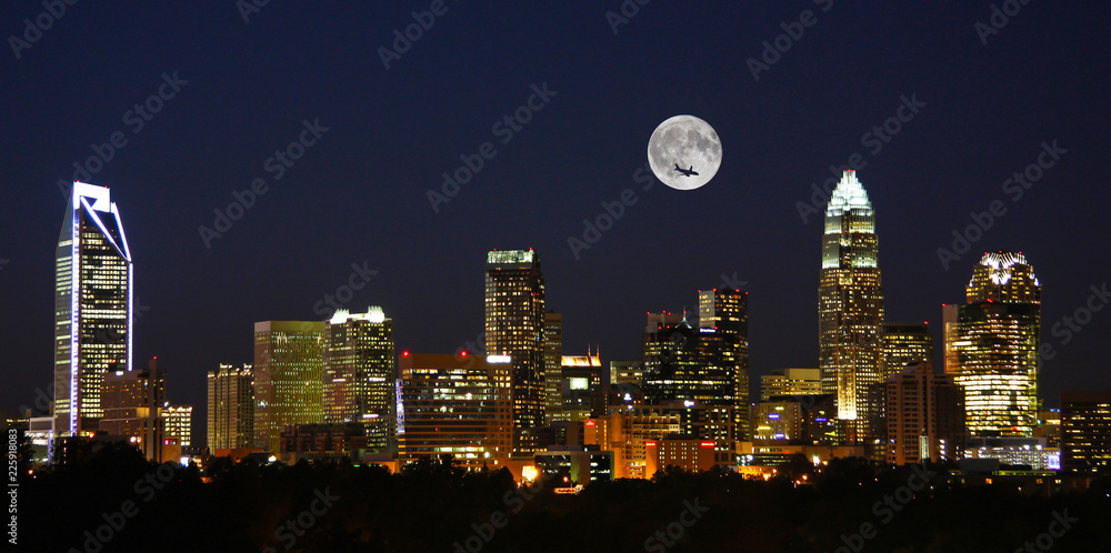 Charlotte City Skyline at Night with Full Moon Stock Photo | Adobe Stock
