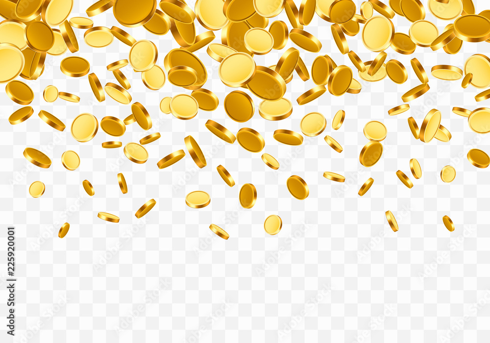 Falling from the top a lot of coins on a transparent background. Vector ...