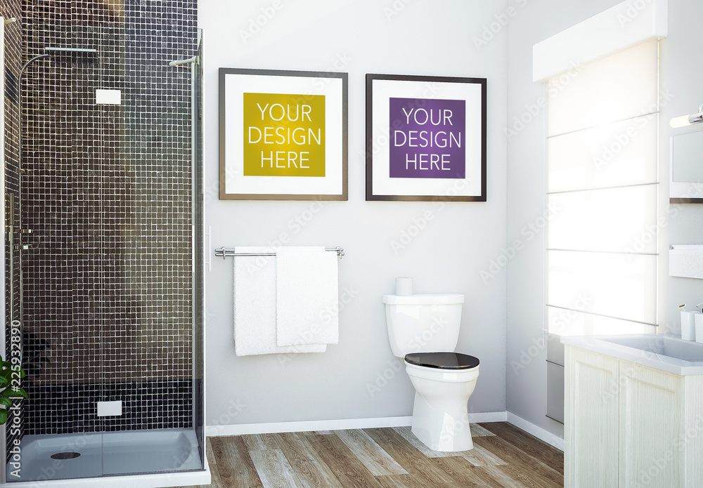 Two Square Frames in Bathroom Mockup Stock Template | Adobe Stock