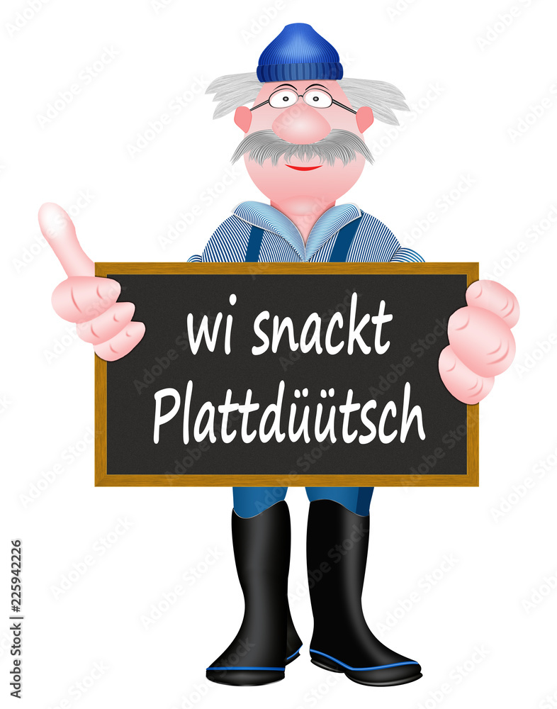 wi snackt plattdüütsch, wir sprechen plattdeutsch, Seemann mit Schild ...