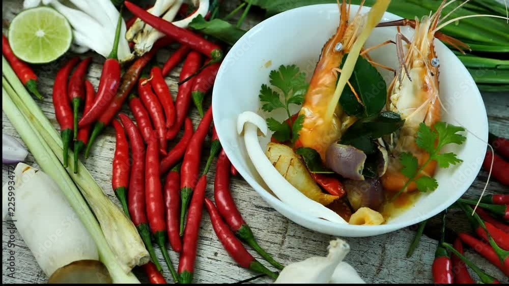 Signature thailand food, Tom Yum Goong and Ingredients, mushroom ...