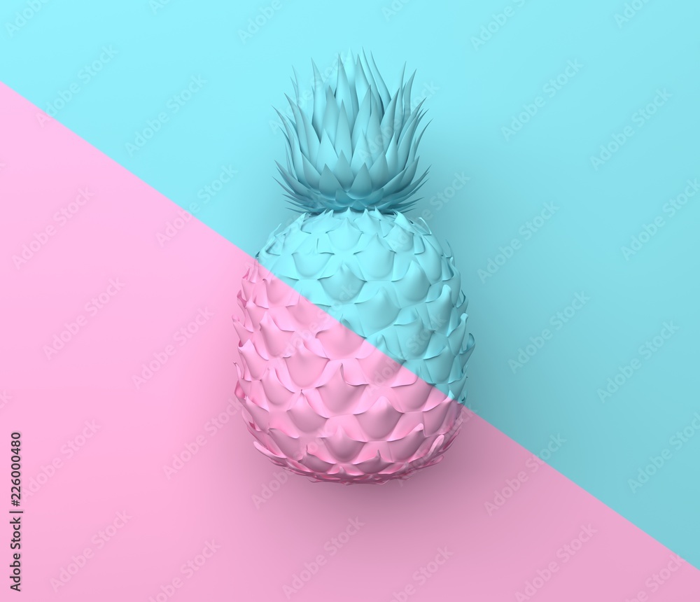 Alone pineapple is divided in half obliquely blue and pink color ...