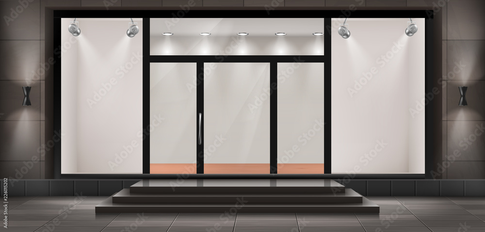 Vector illustration of storefront with steps and entrance door, glass ...
