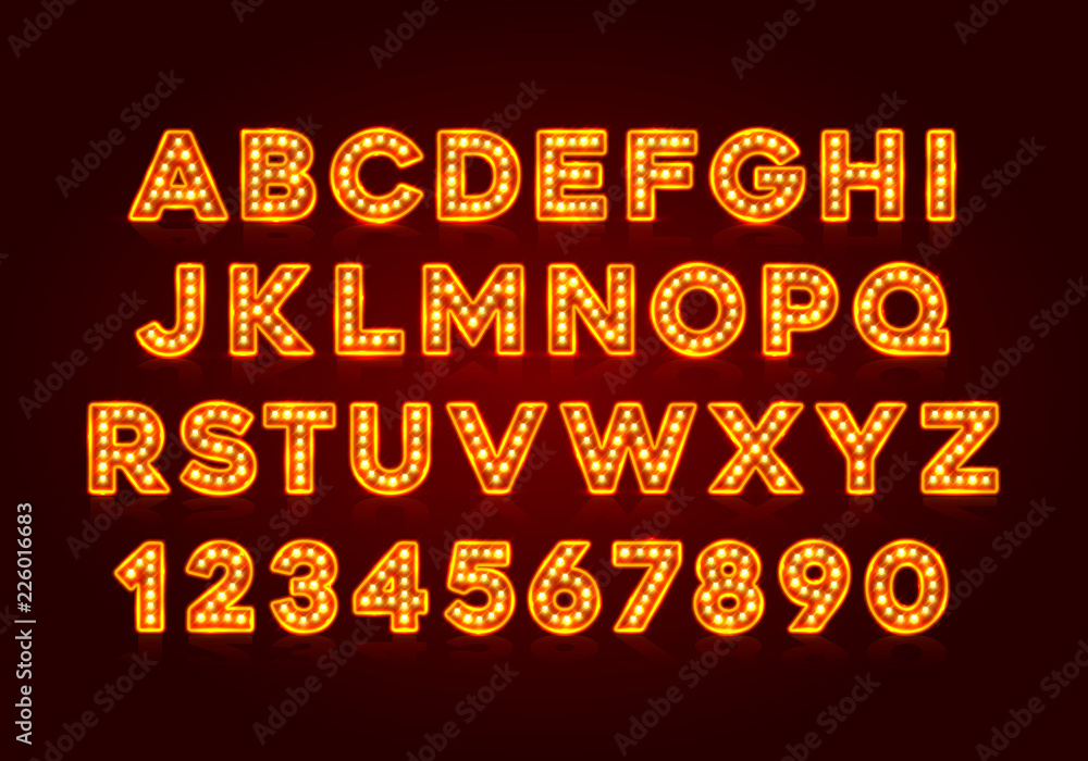 Red fluorescent neon font on dark background. Nightlight alphabet ...