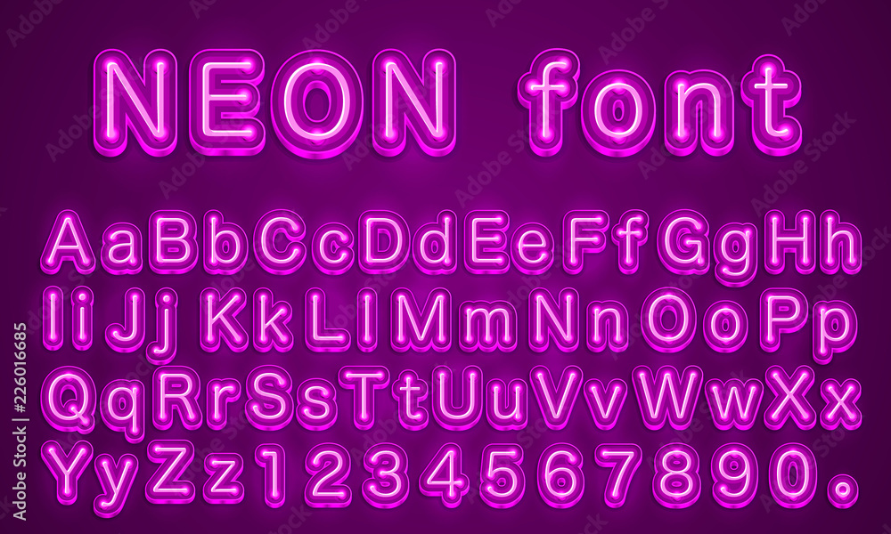 Neon banner text. Neon font city color purple, Alphabet font. Vector ...