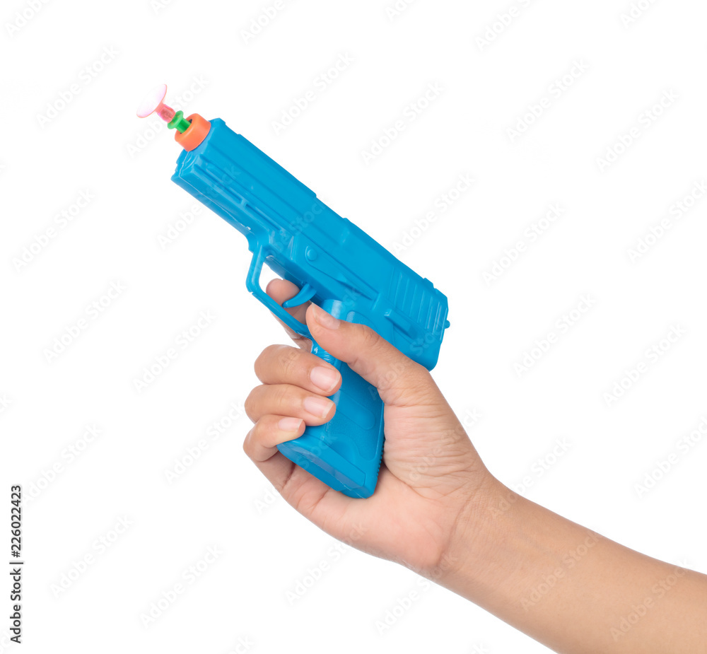 hand holding Toy Gun made of plastic isolated on white background Stock ...