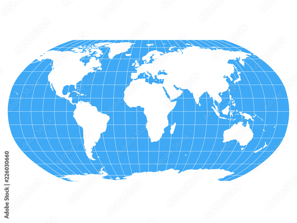 World Map in Robinson Projection with meridians and parallels grid ...