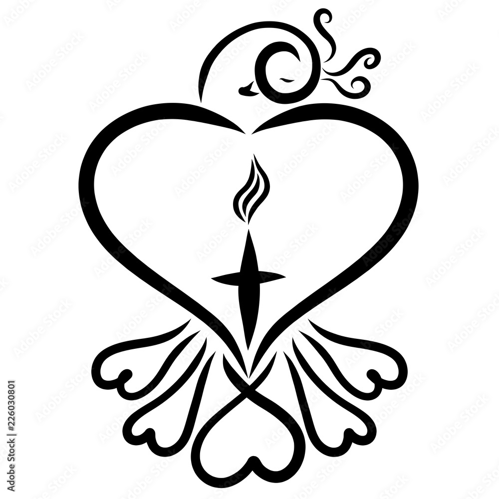 Bird of hearts with a tuft and a cross with a flame Stock Illustration ...