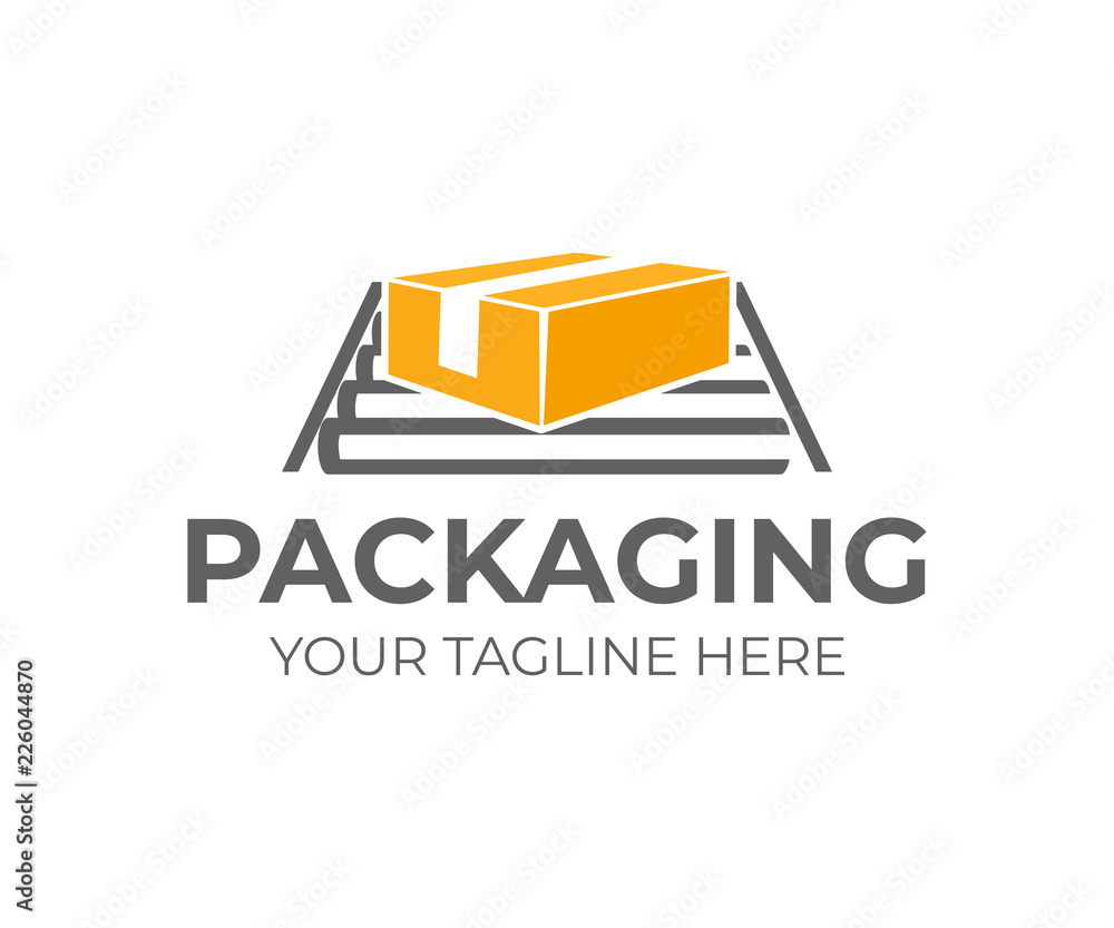 Packaging cardboard box or carton on conveyor, logo design. Logistics ...
