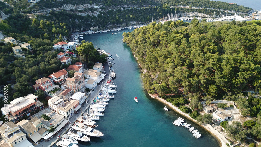 Aerial drone bird's eye view photo of iconic small safe port of Gaios ...