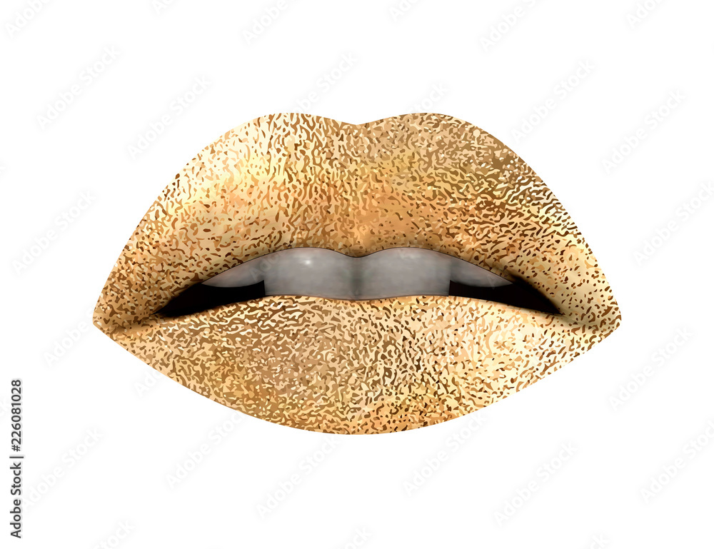 Vector realistic female lips with golden lipstick isolated on white ...