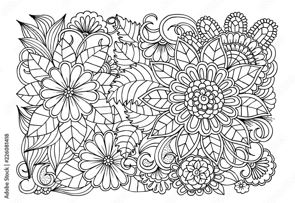 Outline vector drawing of flowers for adult coloring books. Page of ...