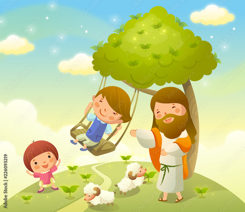 Jesus Christ playing with two children Stock Vector | Adobe Stock