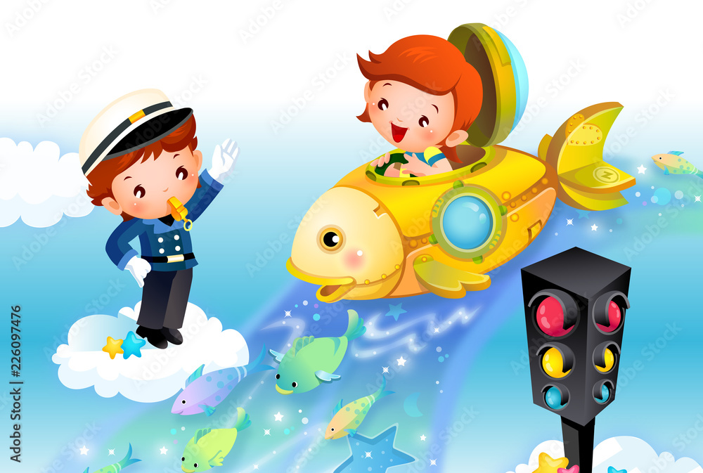 Girl driving a submarine with a traffic cop whistling at a traffic ...