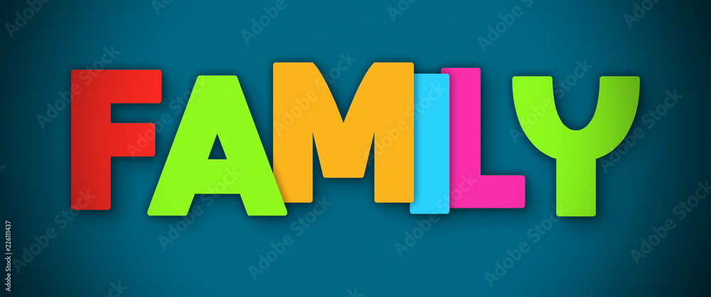 Family - overlapping multicolor letters written on blue background ...