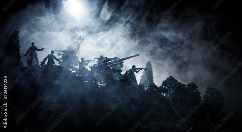War Concept. Military silhouettes fighting scene on war fog sky ...