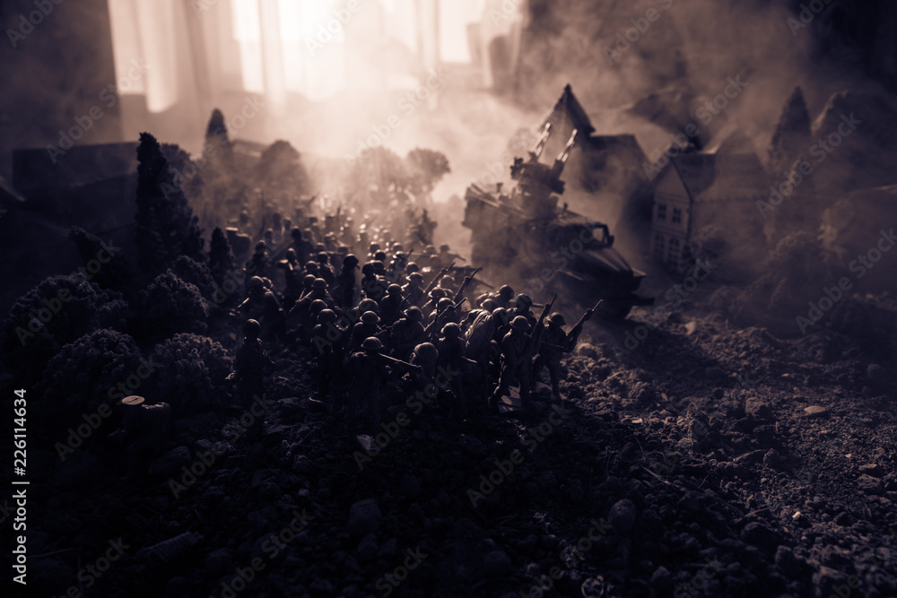 War Concept. Military silhouettes fighting scene on war fog sky ...