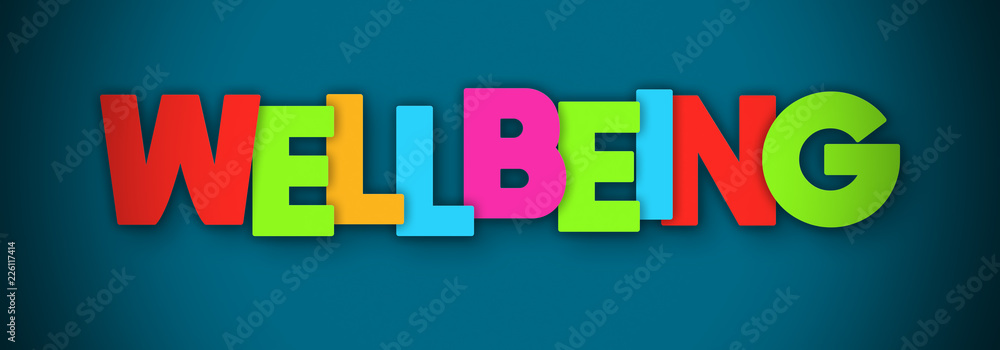 Wellbeing - overlapping multicolor letters written on blue background ...
