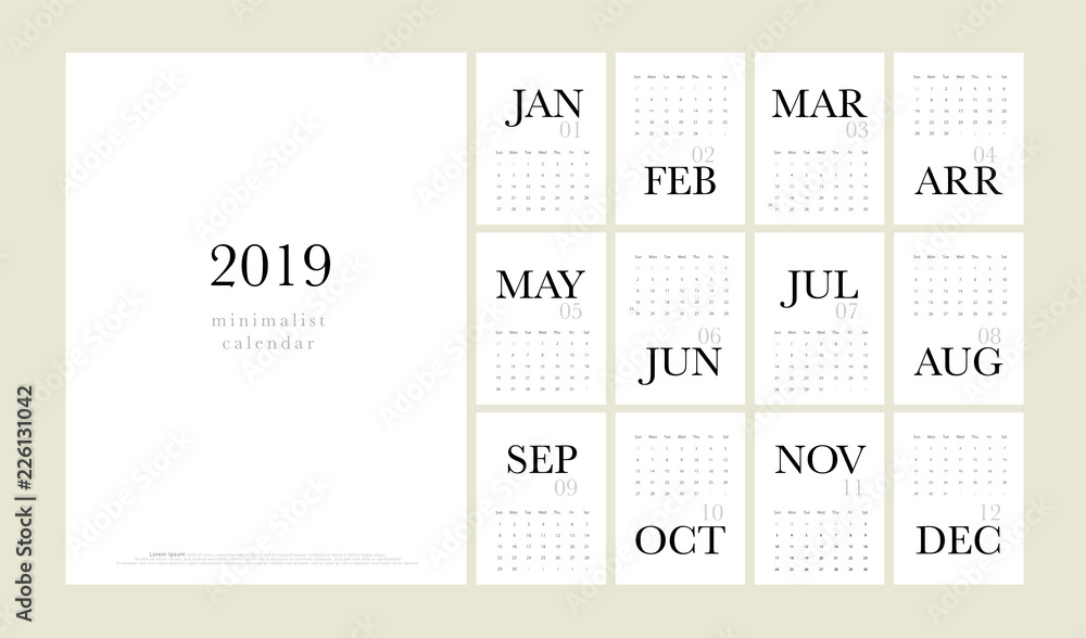Calendar 2019 Trendy Minimalist Style. Set of 12 pages desk. minimal ...