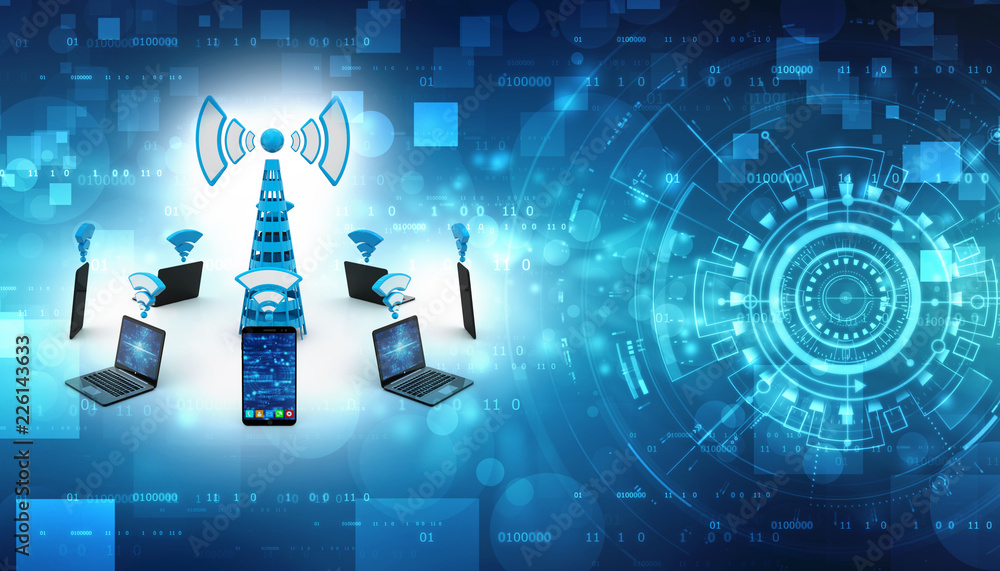Mobile phones around cell tower.Isolated on digital background, mobile ...