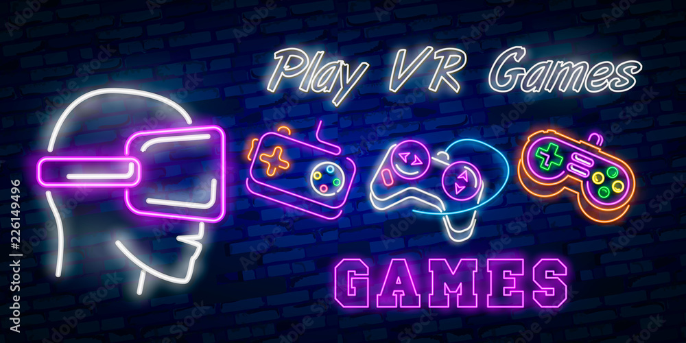 VR games neon sign vector. Virtual Reality Logotype Games, Emblem in ...