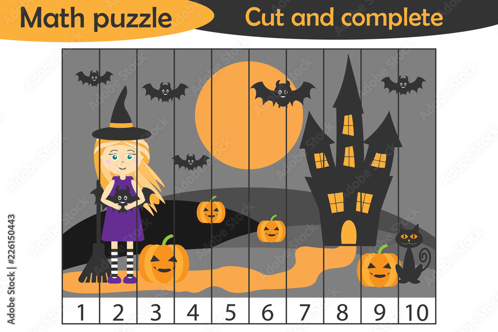 Math puzzle, halloween picture with witch in cartoon style, education ...