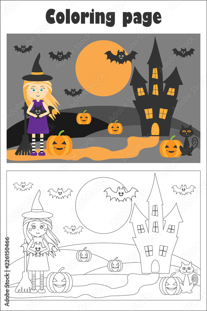 Halloween picture with witch in cartoon style, coloring page, education ...